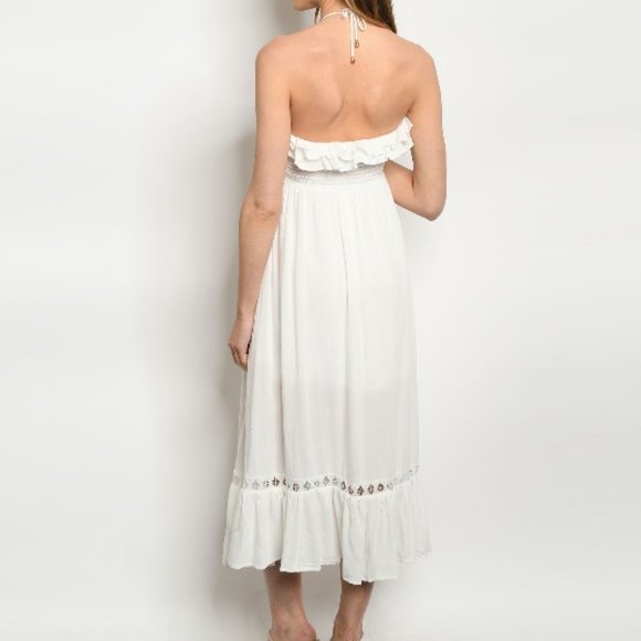 O. Vianca | Dresses | Off White Cotton Tiered Ruffle Tie Neck Maxi ...